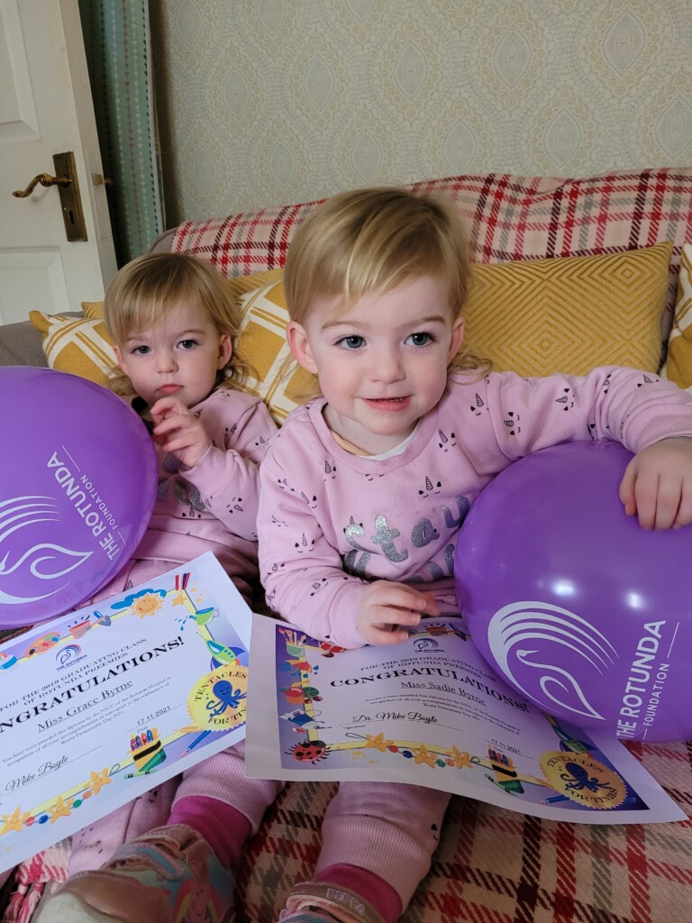 Pictured at their virtual celebrations are Sadie and Grace Byrne