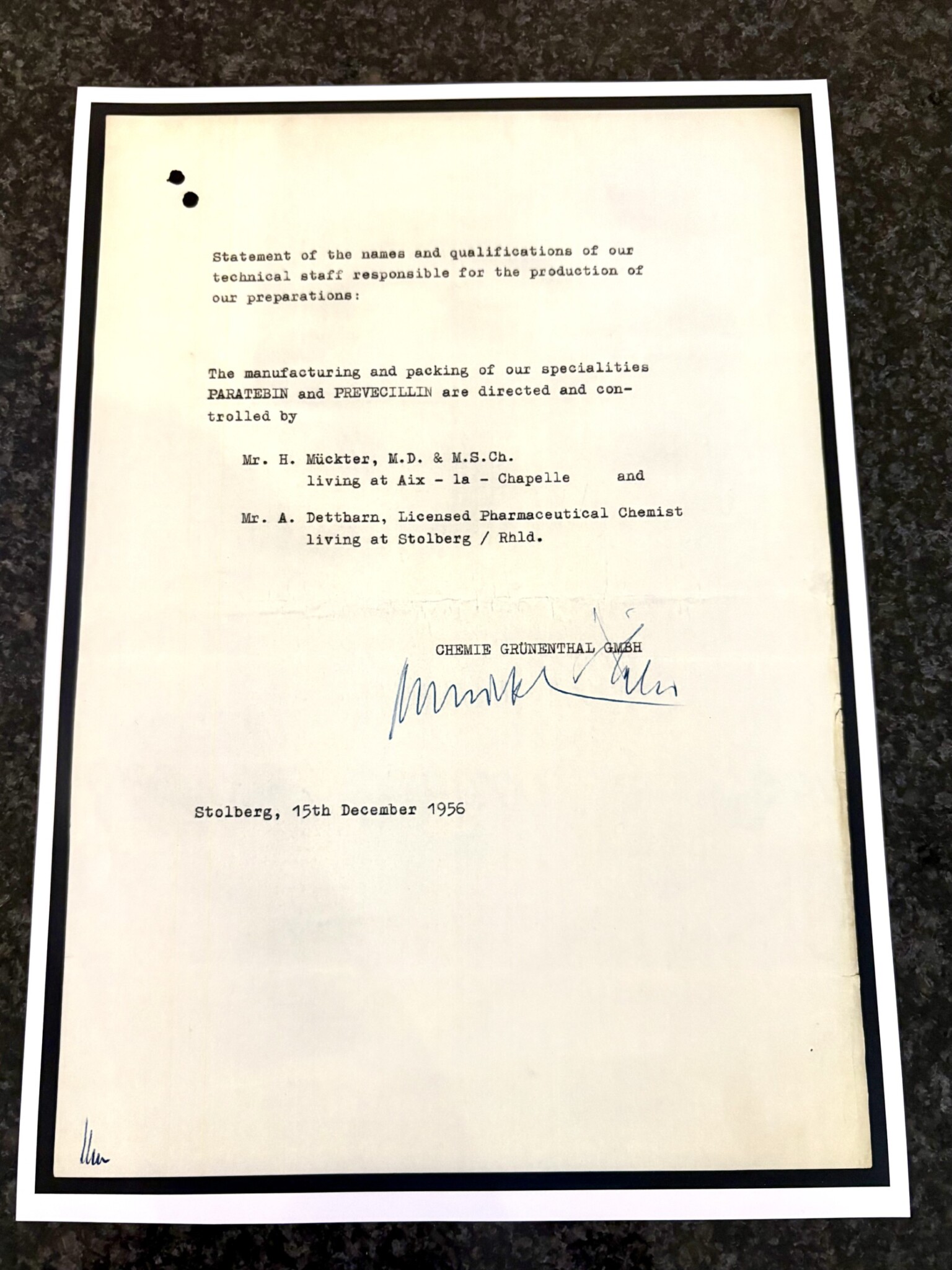 CHEMIE GRUNENTHAL STATEMENT FROM 1956 RE MUCKTER TO DOH